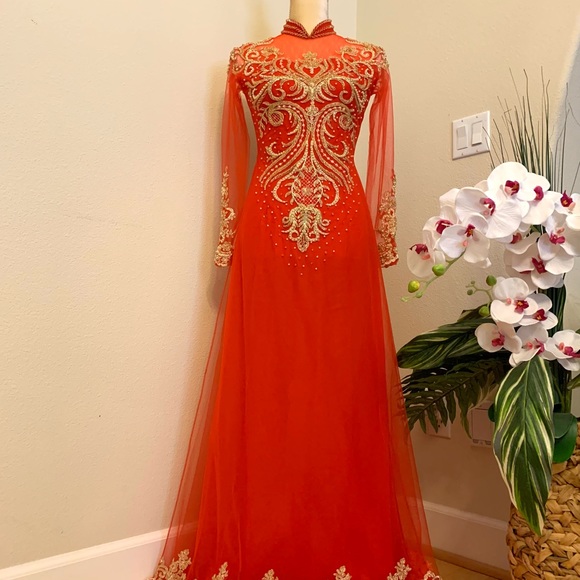 Dresses | Red Vietnamese Traditional Wedding Dress Embroidery With ...
